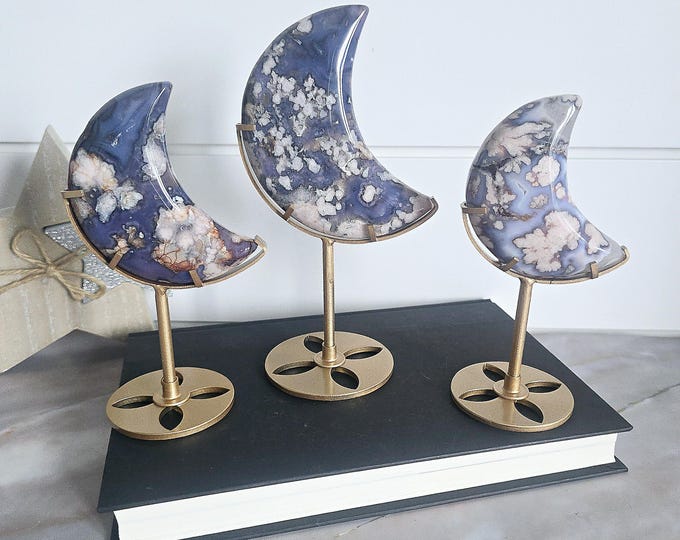 Blue Flower Agate Moon on Stand, Cherry Blossom Moon Decor Carving - Etsy