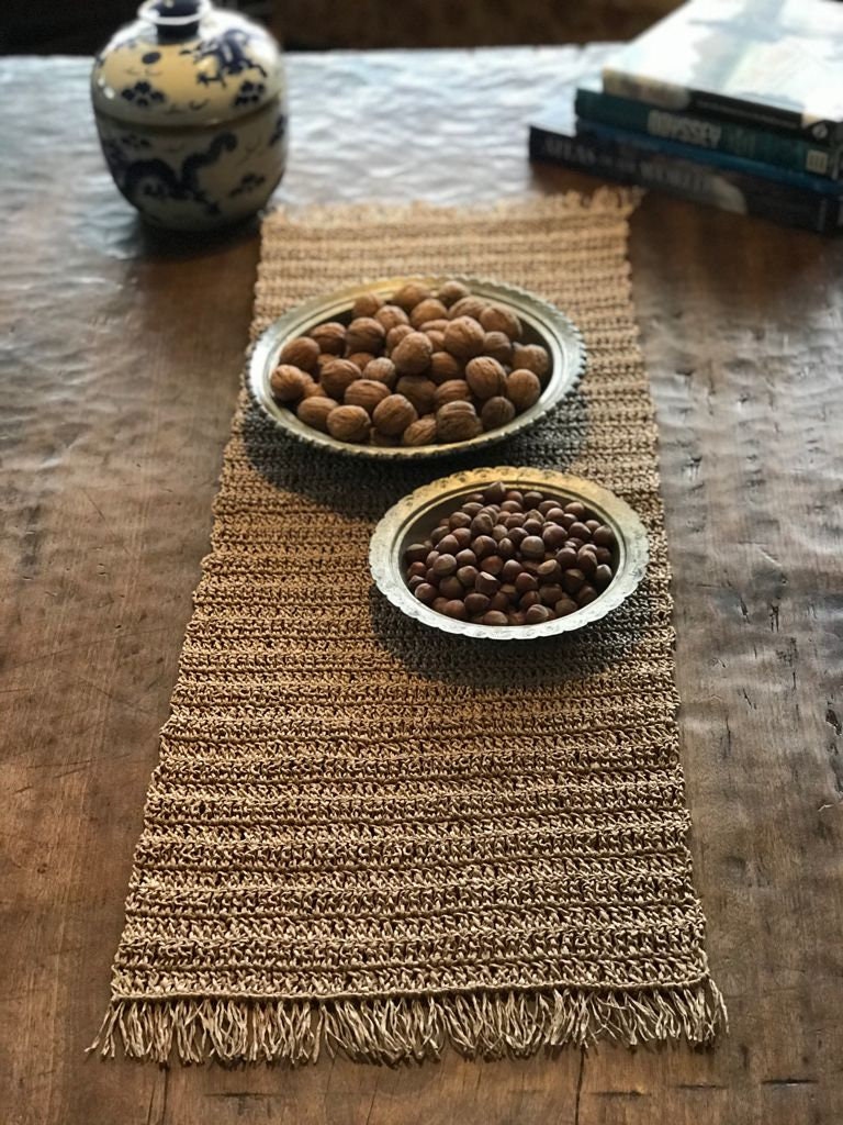 Raffia Table Runner, Host Gift, Crochet Table Runner, Holiday Gift ...