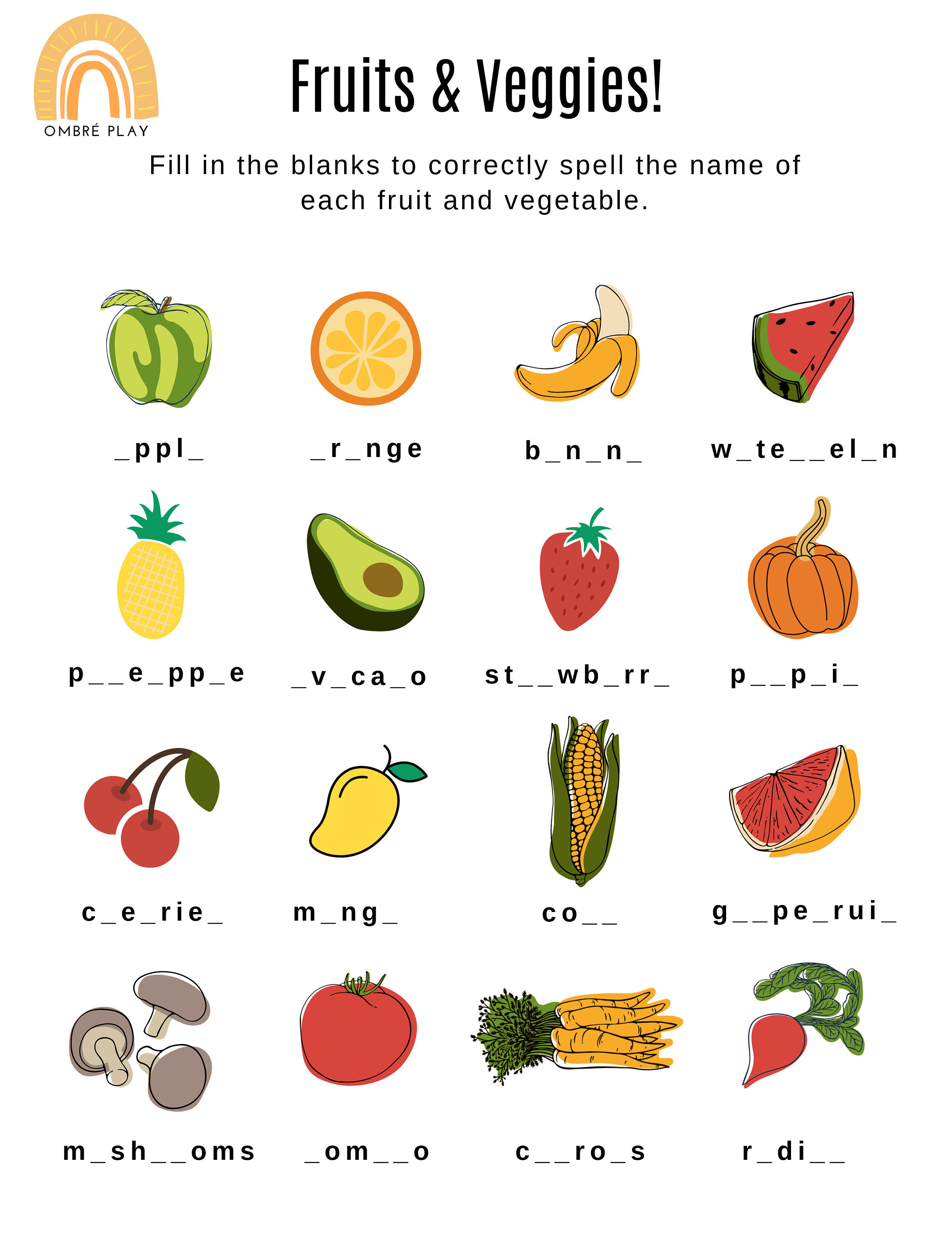Fruits Veggies Fill in the Blank Learning Printable | Etsy