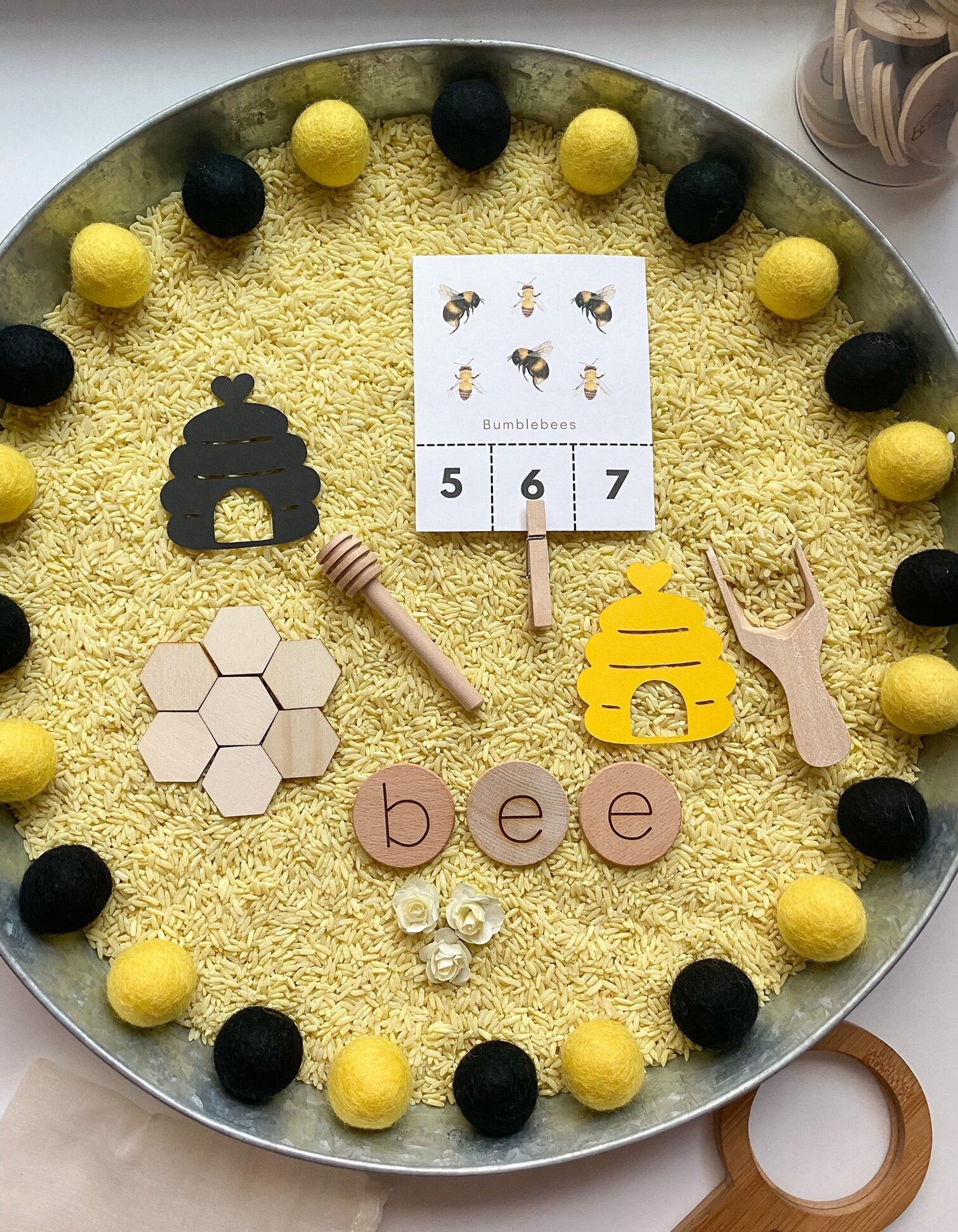 Honey Bee Sensory Rice Kit 10 Felt Balls // Wood Beehive - Etsy