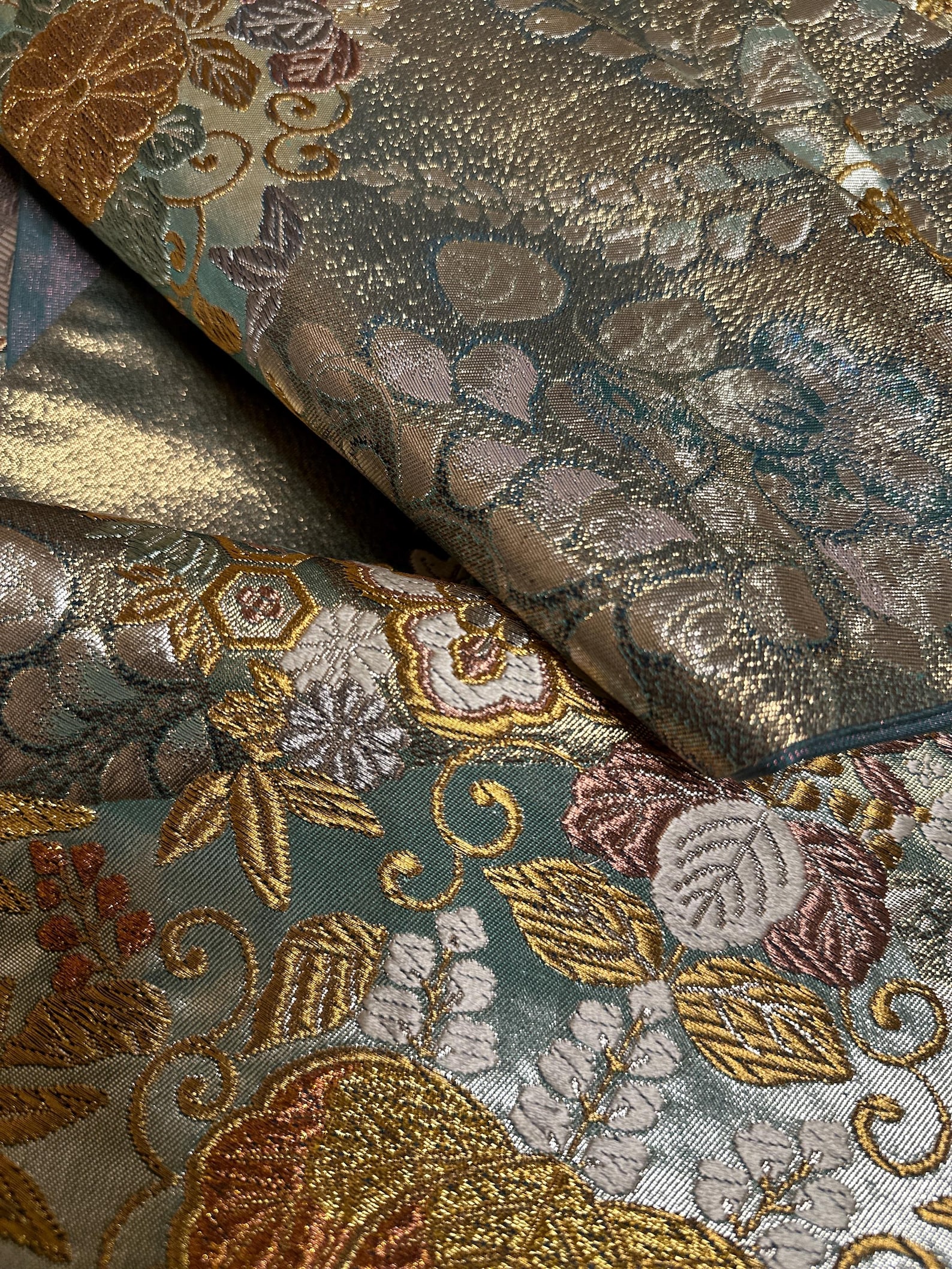Free Shipping Vintage Japanese Obi(kimono Sash) 100%silk, Green- Gold ...
