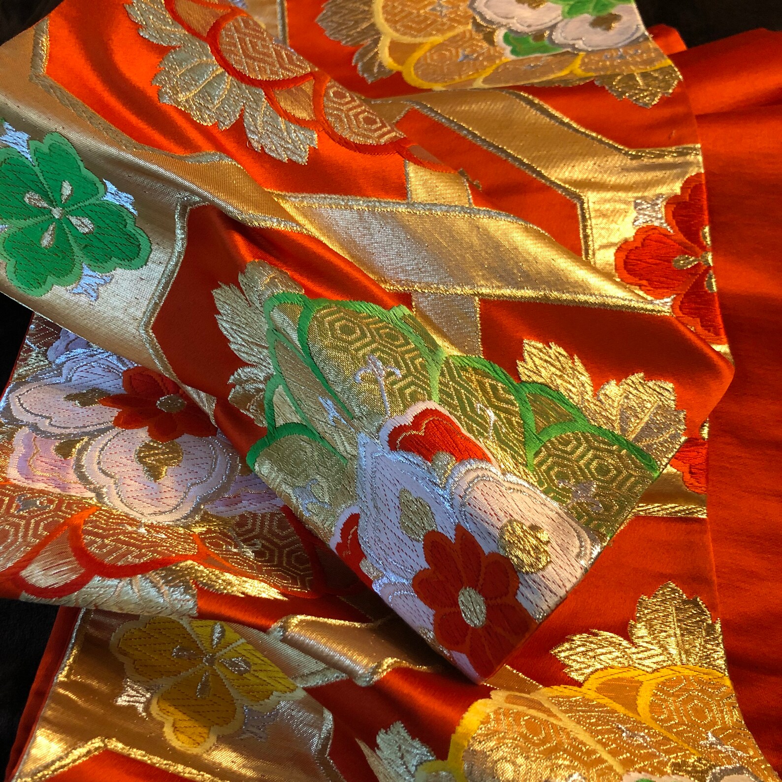 Free Shipping Vintage Japanese Obi(kimono Sash) 100% Silk Vivid Orange ...