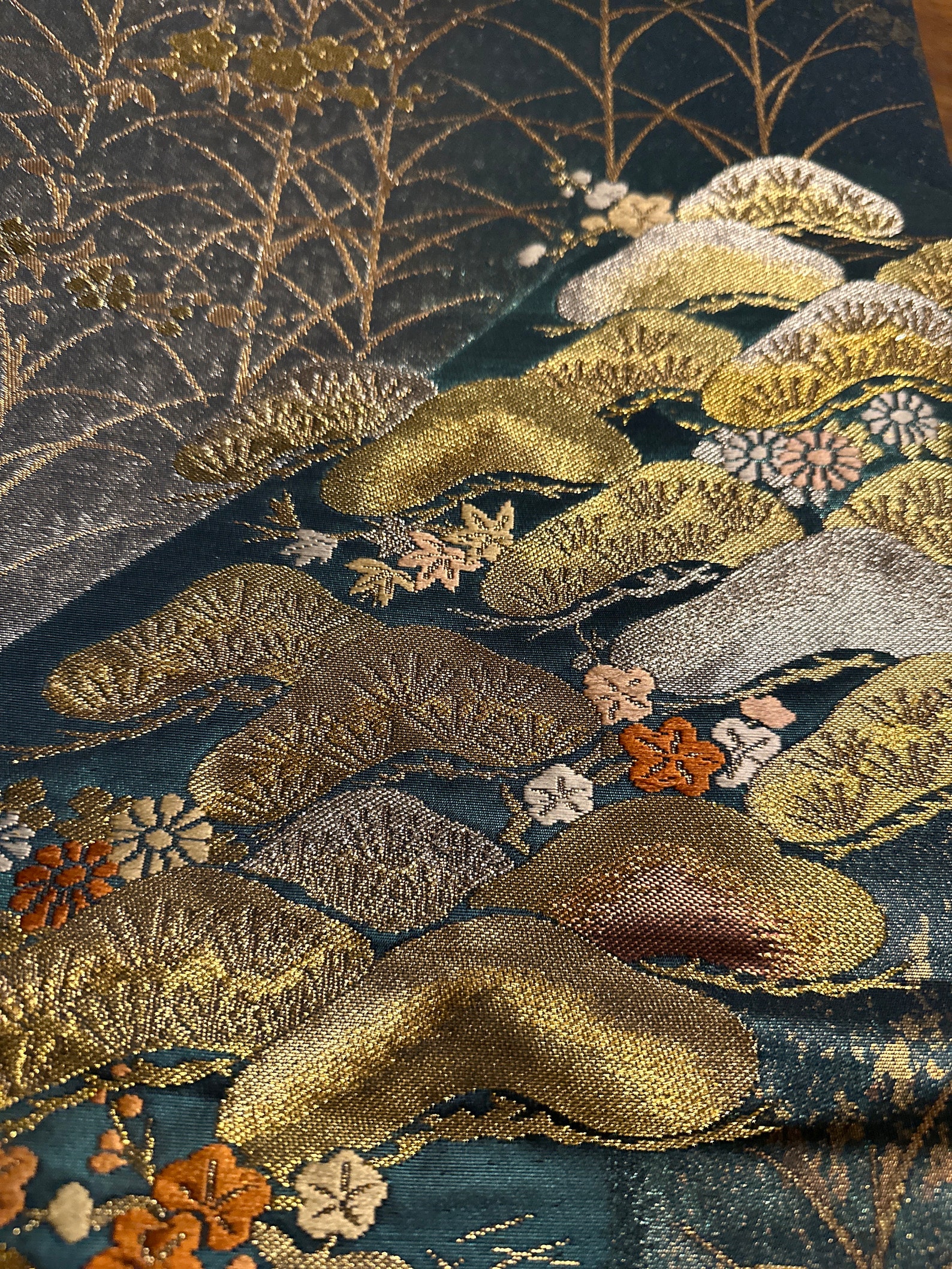 Shipping Free Vintage Japanese Obi 100% Silk, Gold, Green-blue Color ...