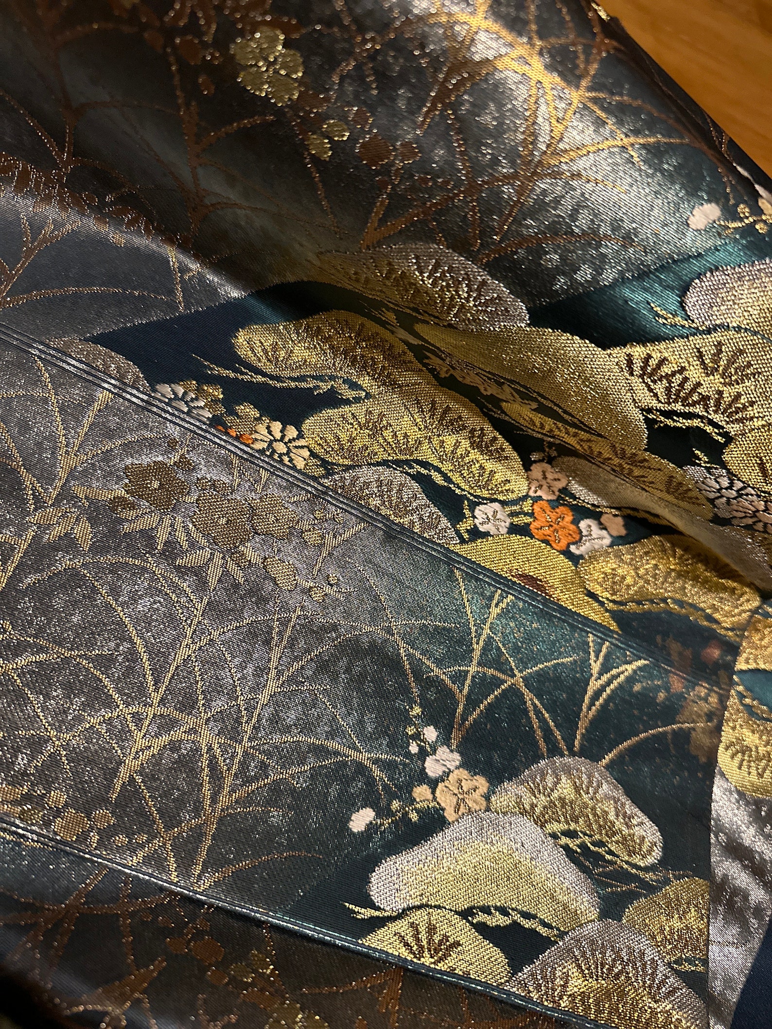 Shipping Free Vintage Japanese Obi 100% Silk, Gold, Green-blue Color ...