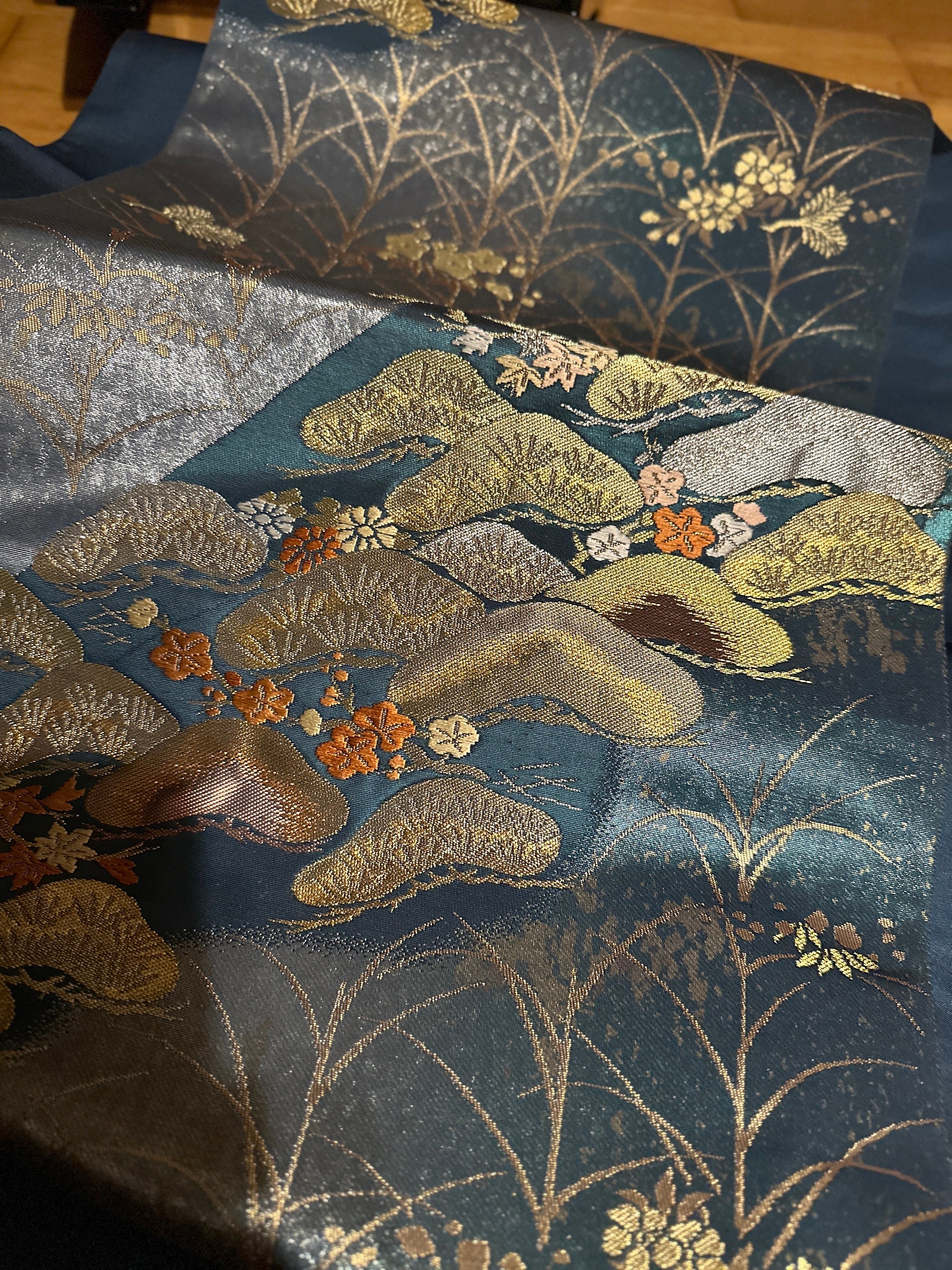 Shipping Free Vintage Japanese Obi 100% Silk, Gold, Green-blue Color ...