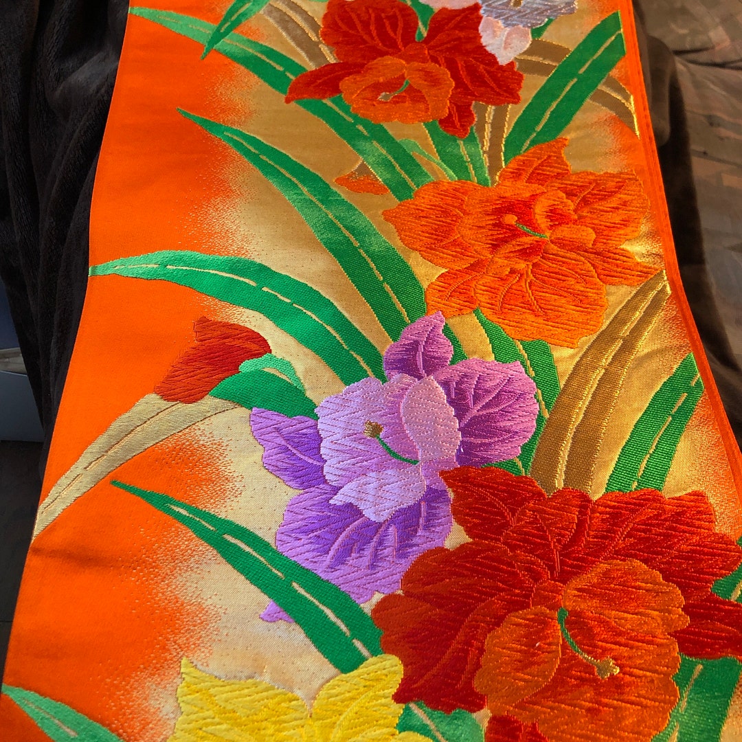 Free Shipping Vintage Japanese Obi(kimono Sash) Vivid Red and Orange ...