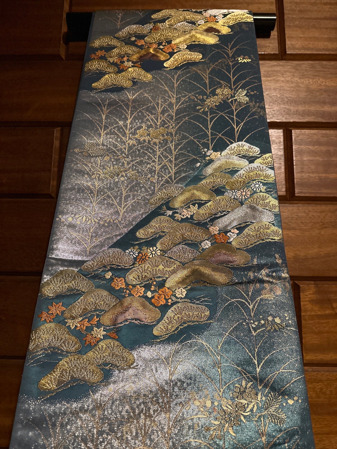 Shipping Free Vintage Japanese Obi 100% Silk, Gold, Green-blue Color ...