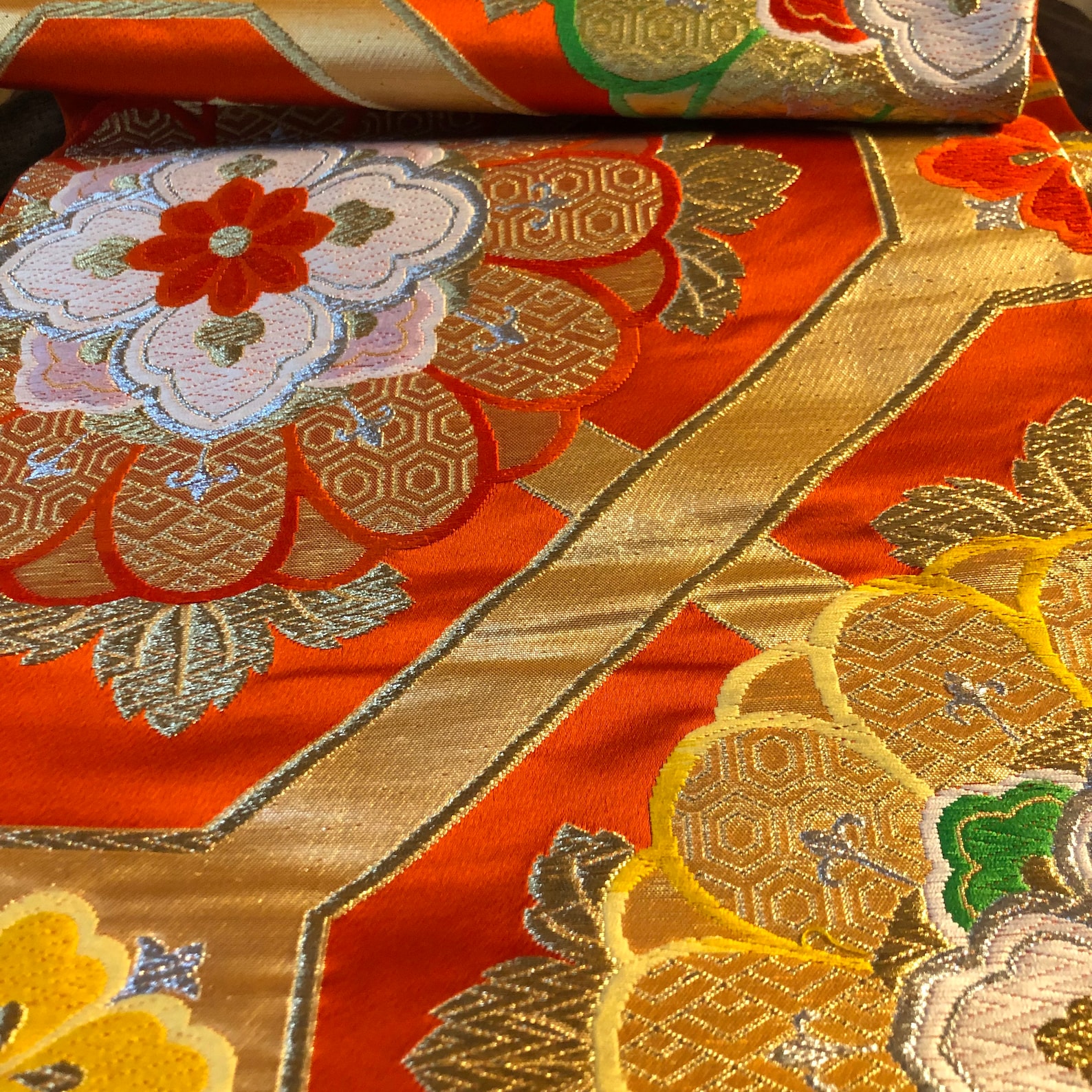 Free Shipping Vintage Japanese Obi(kimono Sash) 100% Silk Vivid Orange ...