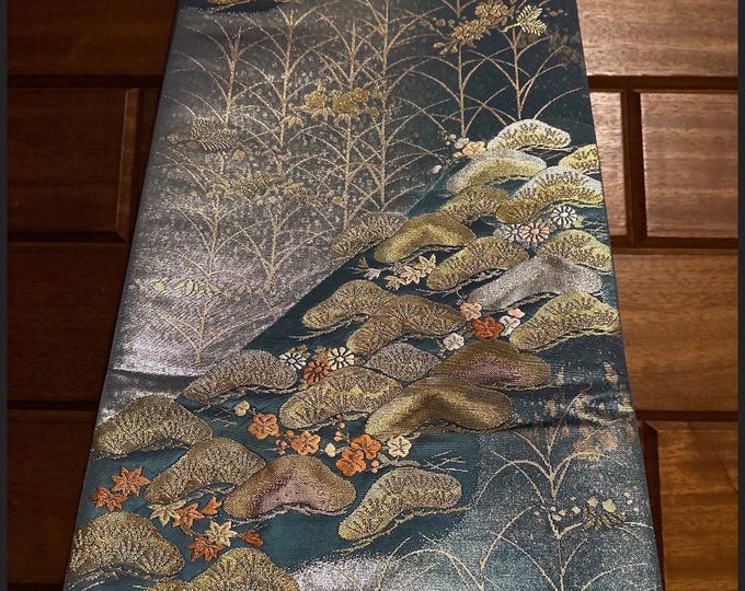 Shipping Free Vintage Japanese Obi 100% Silk, Gold, Green-blue Color ...