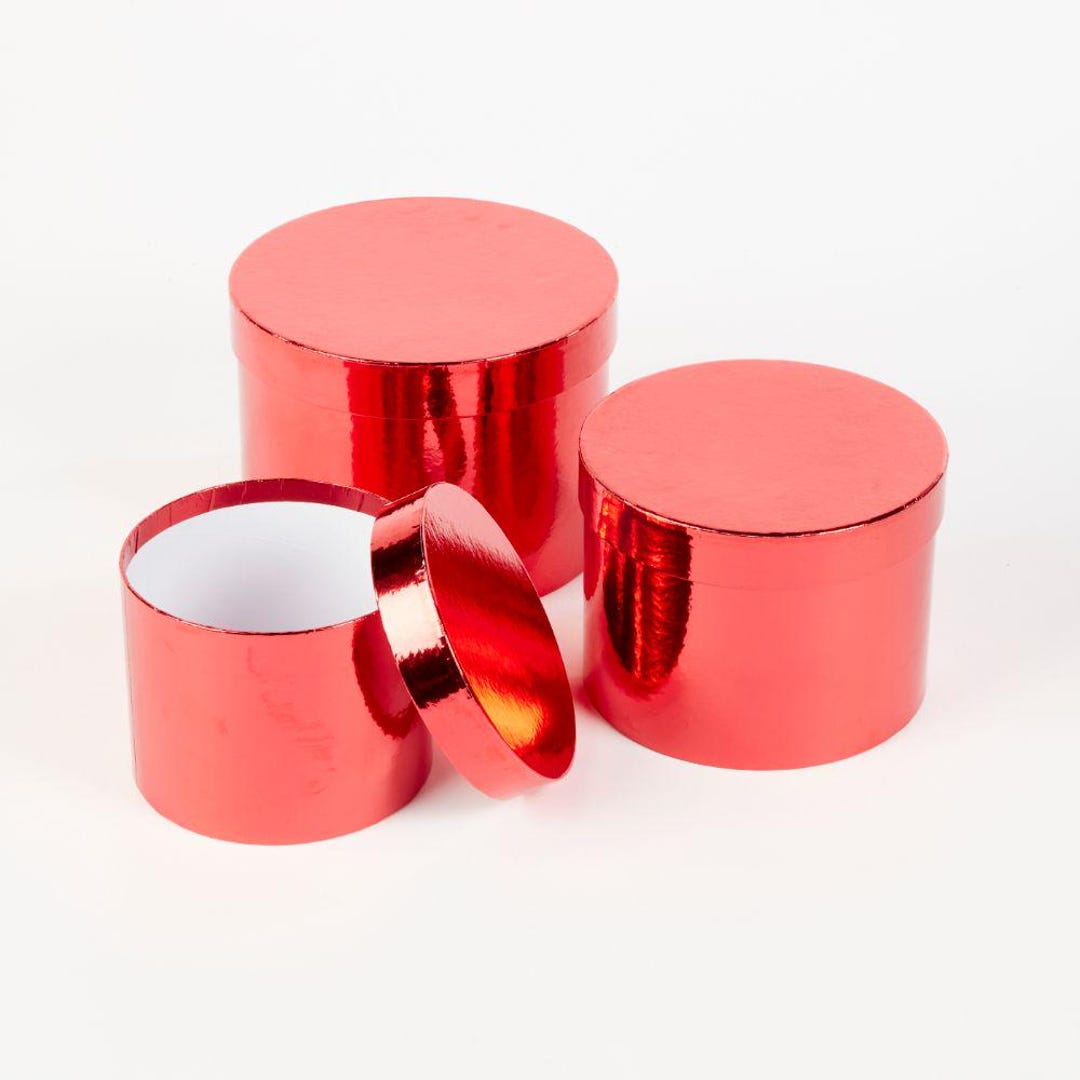 Round Hat Box (set of 3) With Lids - Red Sheen - Great for Floral ...
