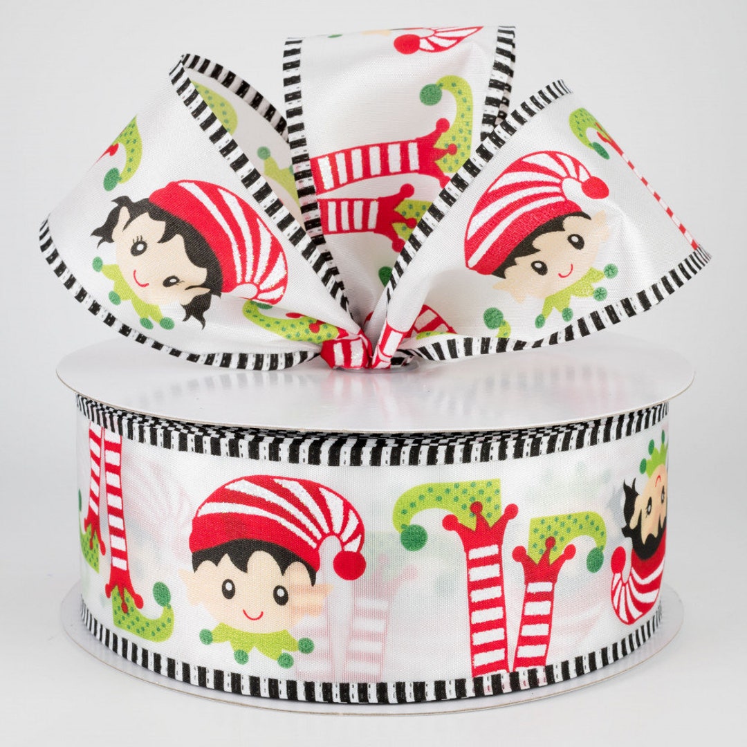 Wire Edge Christmas Ribbon, Elf Faces, Elf Stripe Legs & Boots on White ...