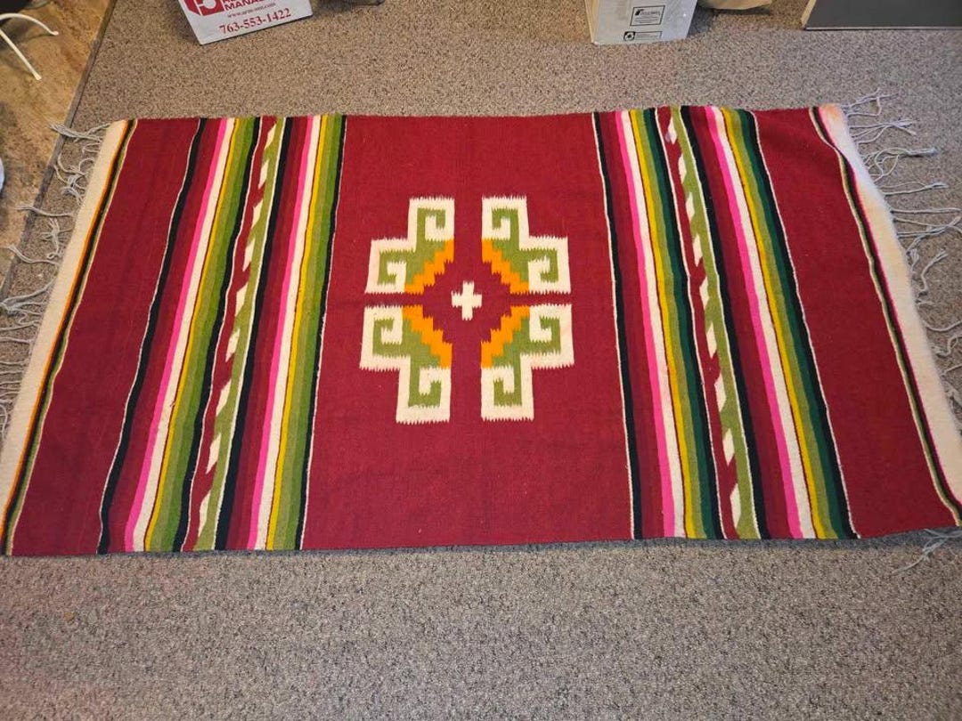 Handwoven Traditional Mexican Saltillo Serape Rug - Vintage Red Wool ...
