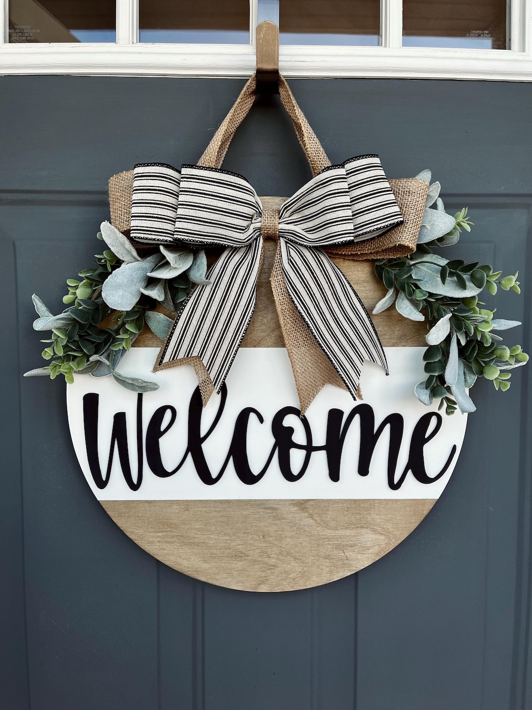 Farmhouse Welcome Door Sign: Wood Wreath With Ribbon & Greenery - Etsy