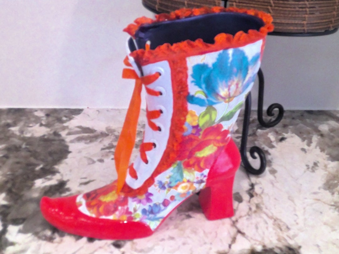 Vintage Decoupage Boot, Fall , Halloween Boot Decor, Black and White ...