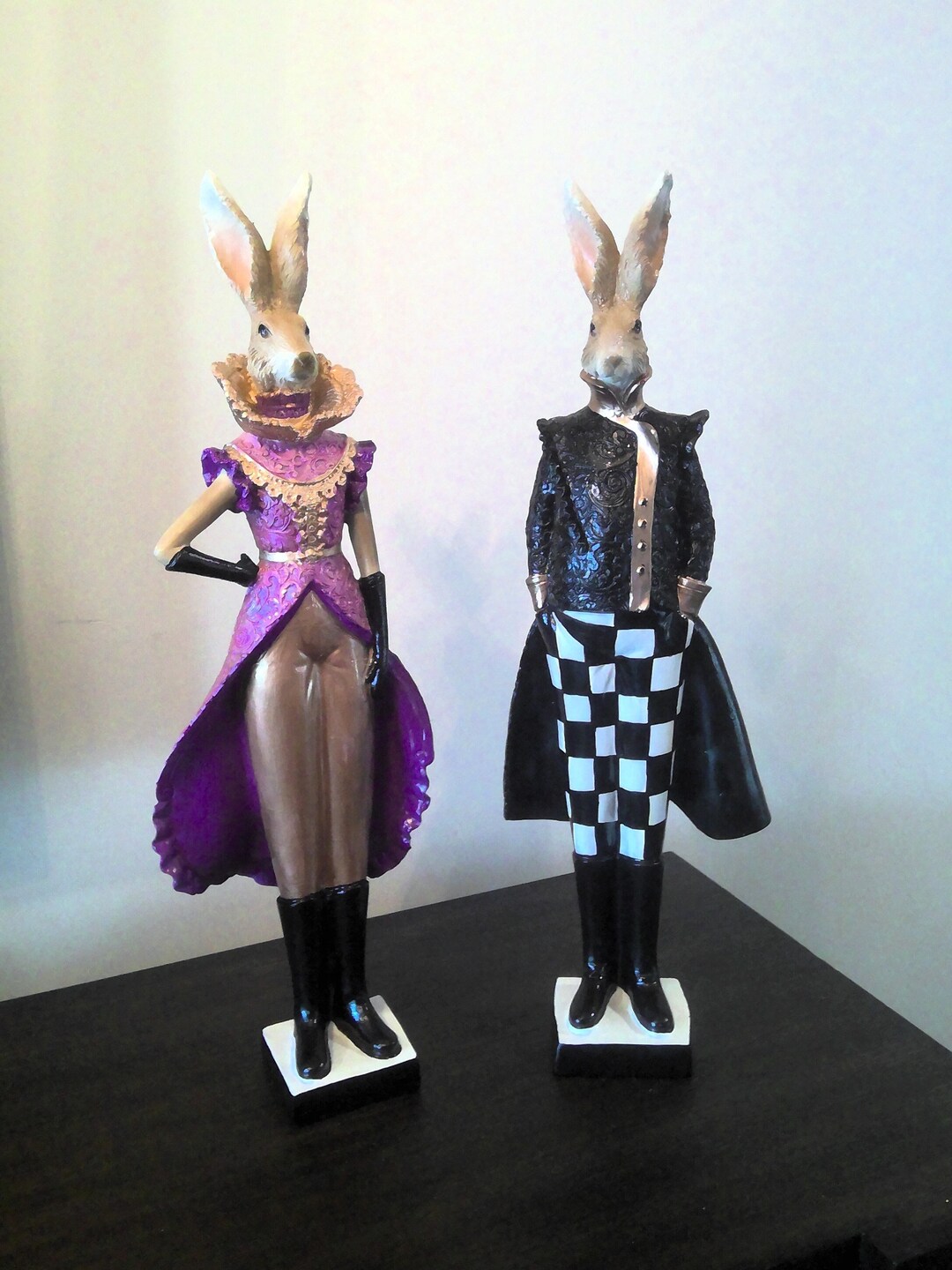 Gold Dapper Whimsical Hand Painted Black and White Check Rabbits ...