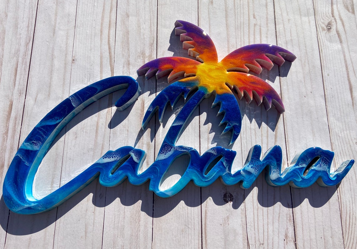 Cabana Sign With Epoxy Ocean Waves Tropical Sign Sunset Art | Etsy