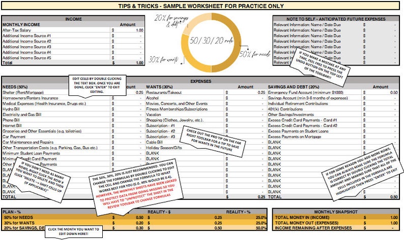 EXCEL 2022 Budget Spreadsheet Using 50/30/20 Rule - 12 Months With ...