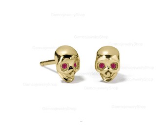 Gold Ruby Skull Earrings Tiny Sugar Skull Earrings Skull - Etsy Israel