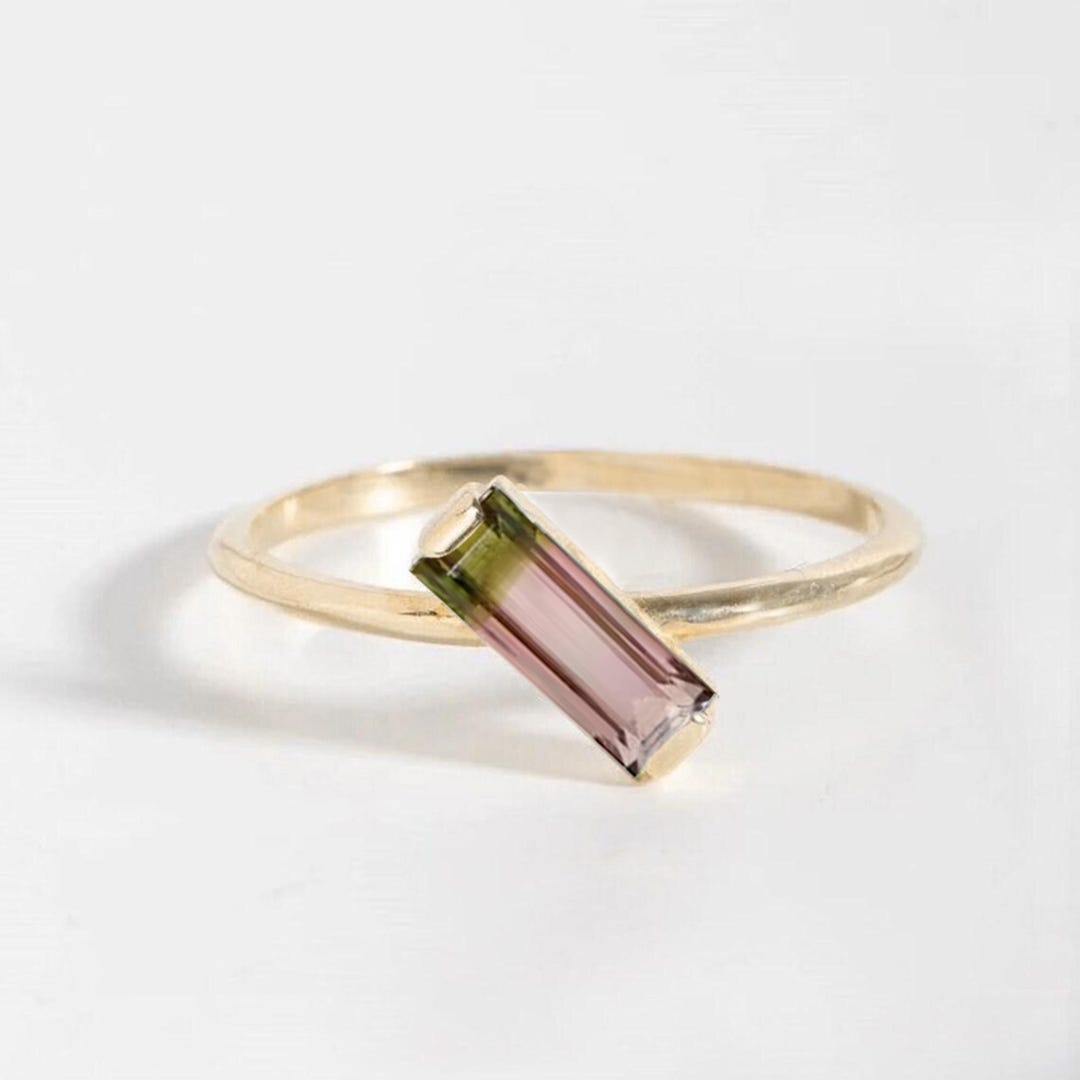 Genuine Large Baguette Watermelon Tourmaline Stone Ring, 14k Solid Gold ...