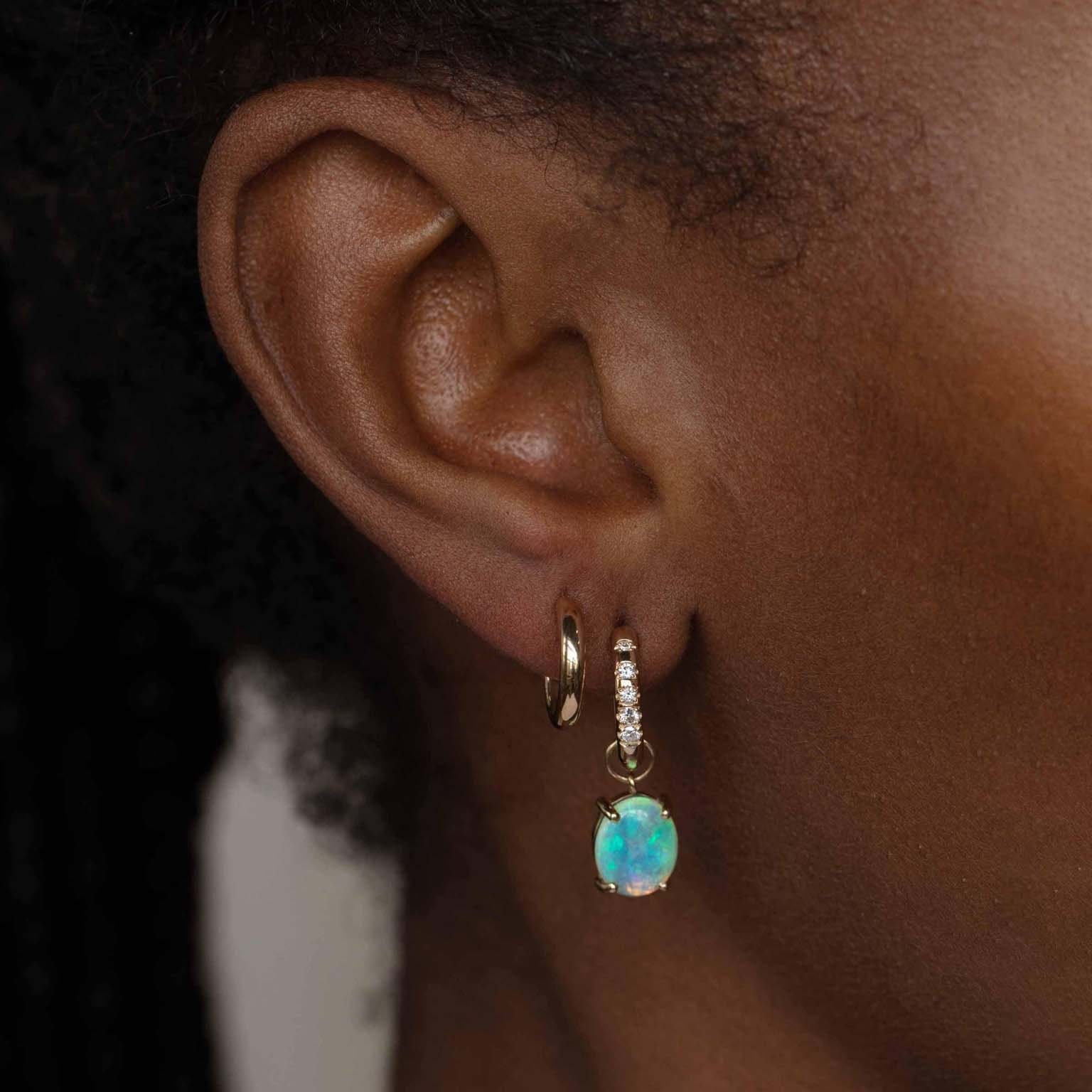 14k Solid Yellow Gold Australian Opal Hoop Earrings Studded With ...