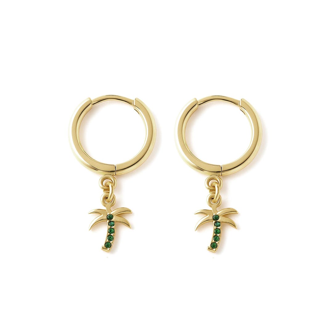 14K Gold Palm Tree Dangle Hoops, Green Emerald Stone Huggie Earrings ...