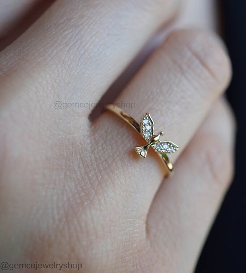 14k Solid Yellow Gold Natural Diamond Bird Ring Phoenix Diamond ...
