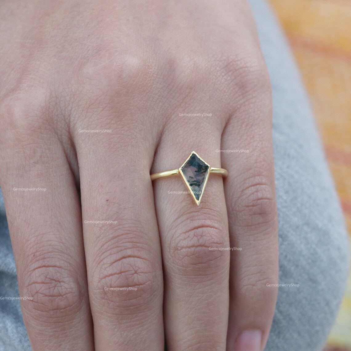 Kite Shape Moss Agate Engagement Ring Minimalist Jewelry Solid - Etsy