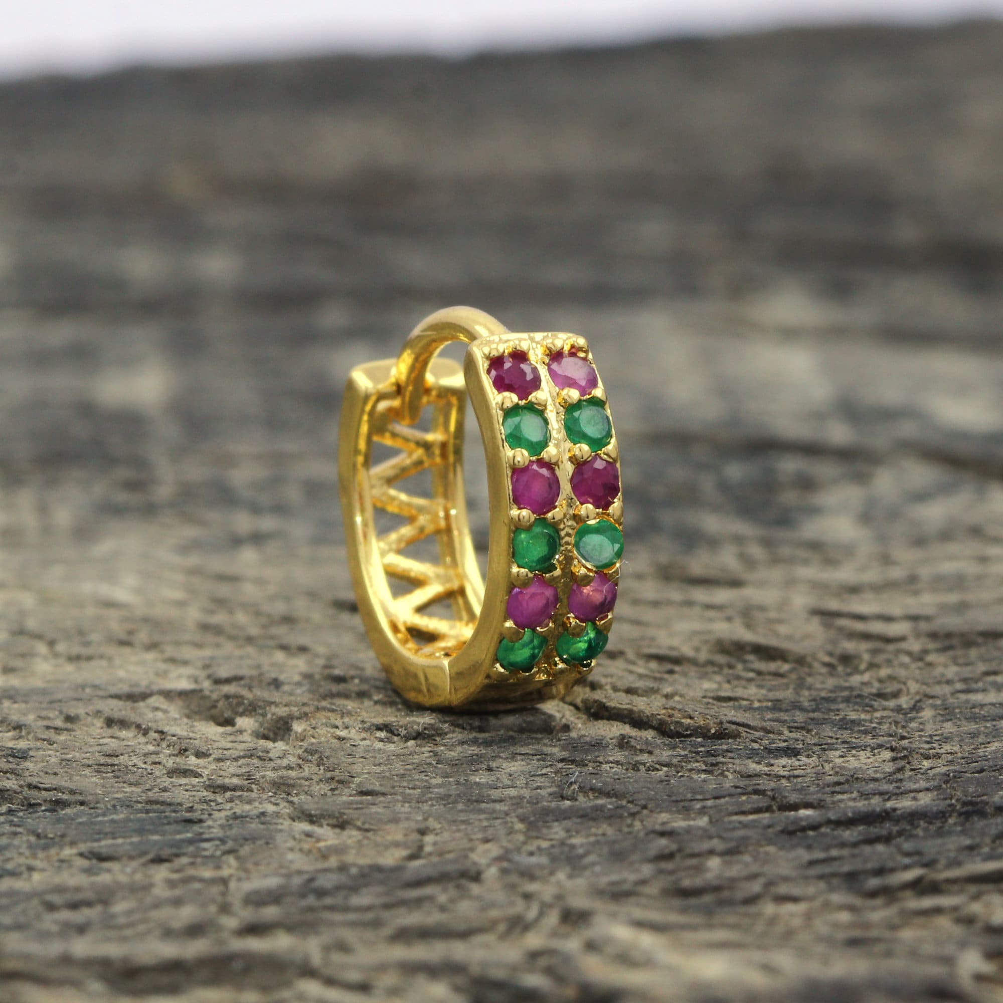 14k Solid Yellow Gold Natural Ruby and Emerald Hoop Earrings Ruby ...