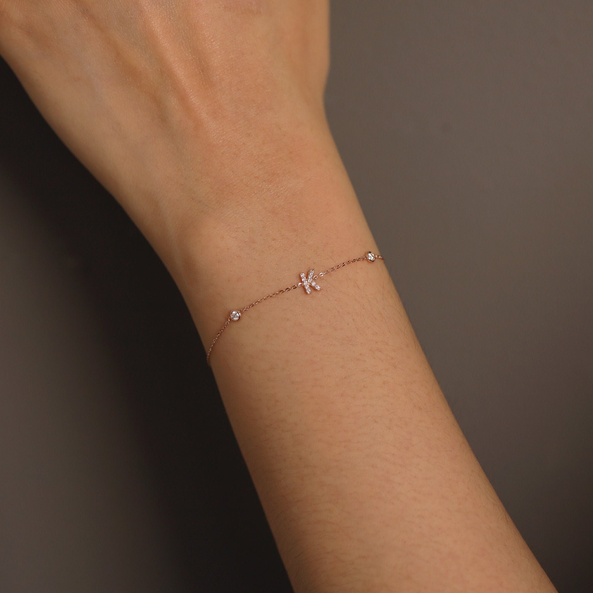Precious Diamond Initial Bracelet With Two Side Diamonds, 14k Solid ...