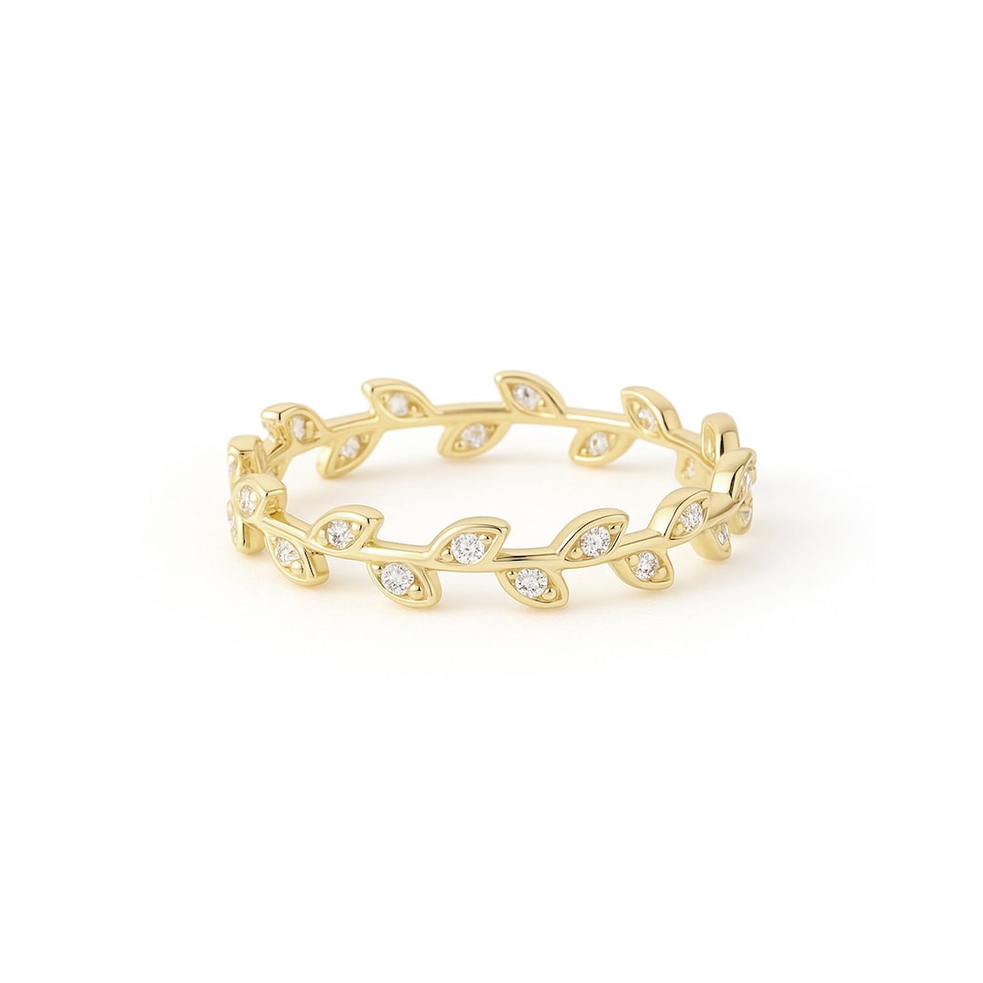 Diamond Leaf Eternity Band in 14k Solid Gold, Nature Inspired Leaf ...
