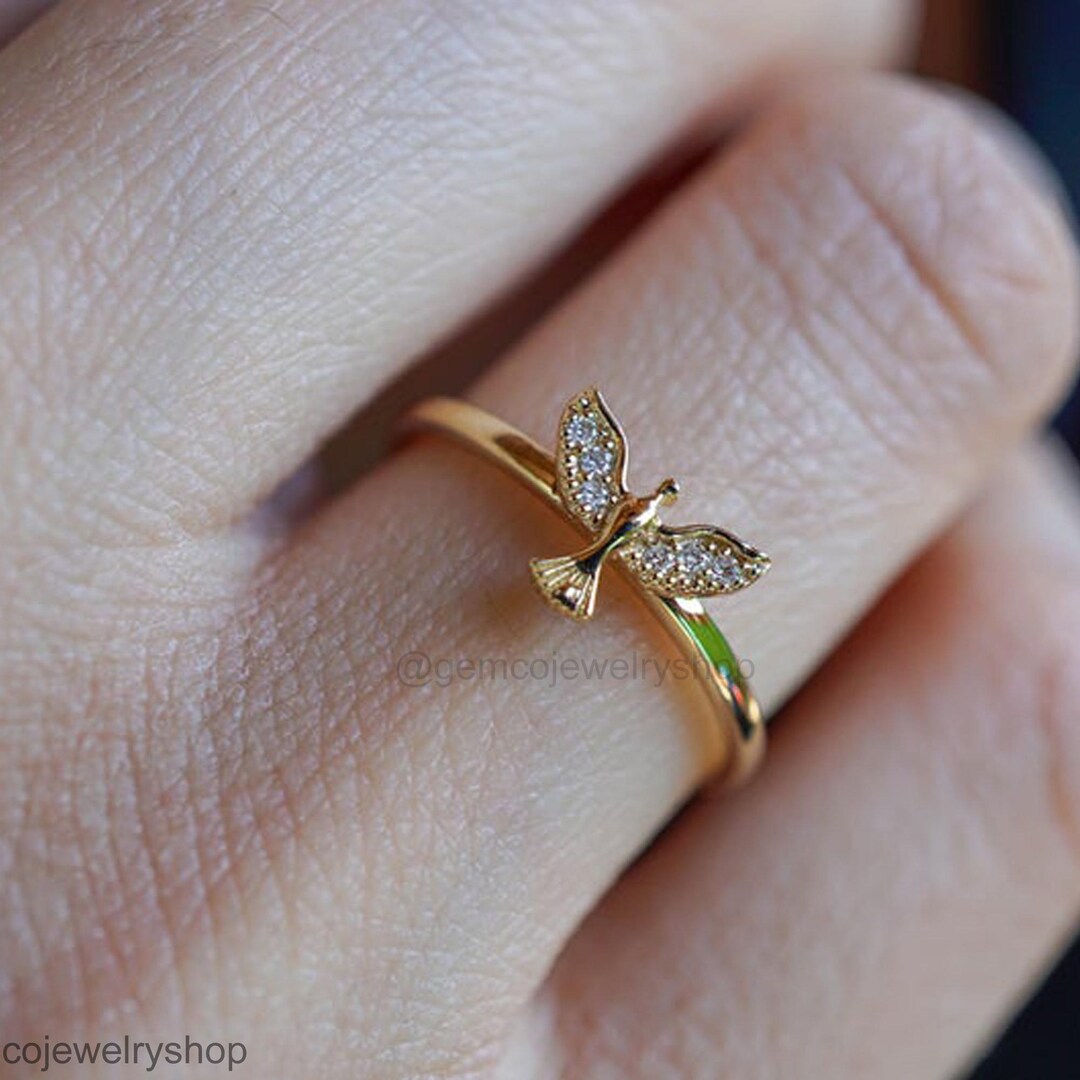 Natural Diamond Bird Ring, 14k Solid Yellow Gold Phoenix Diamond ...