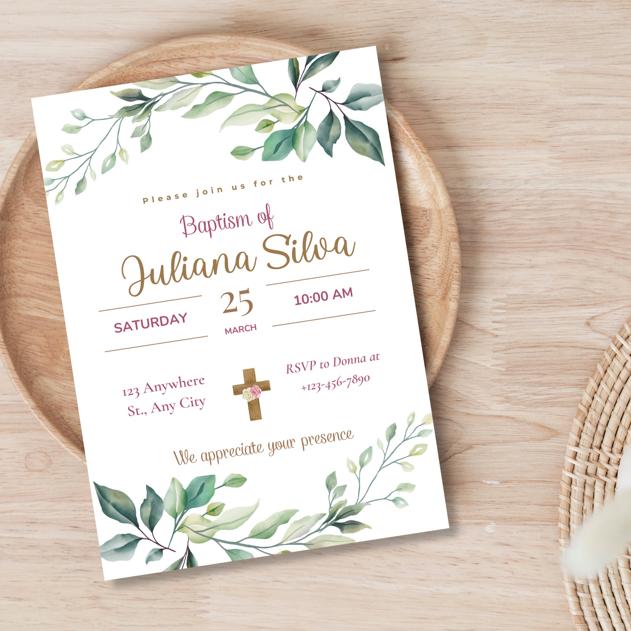 Editable Leave Design Invitation Template personalized Baby Christening ...