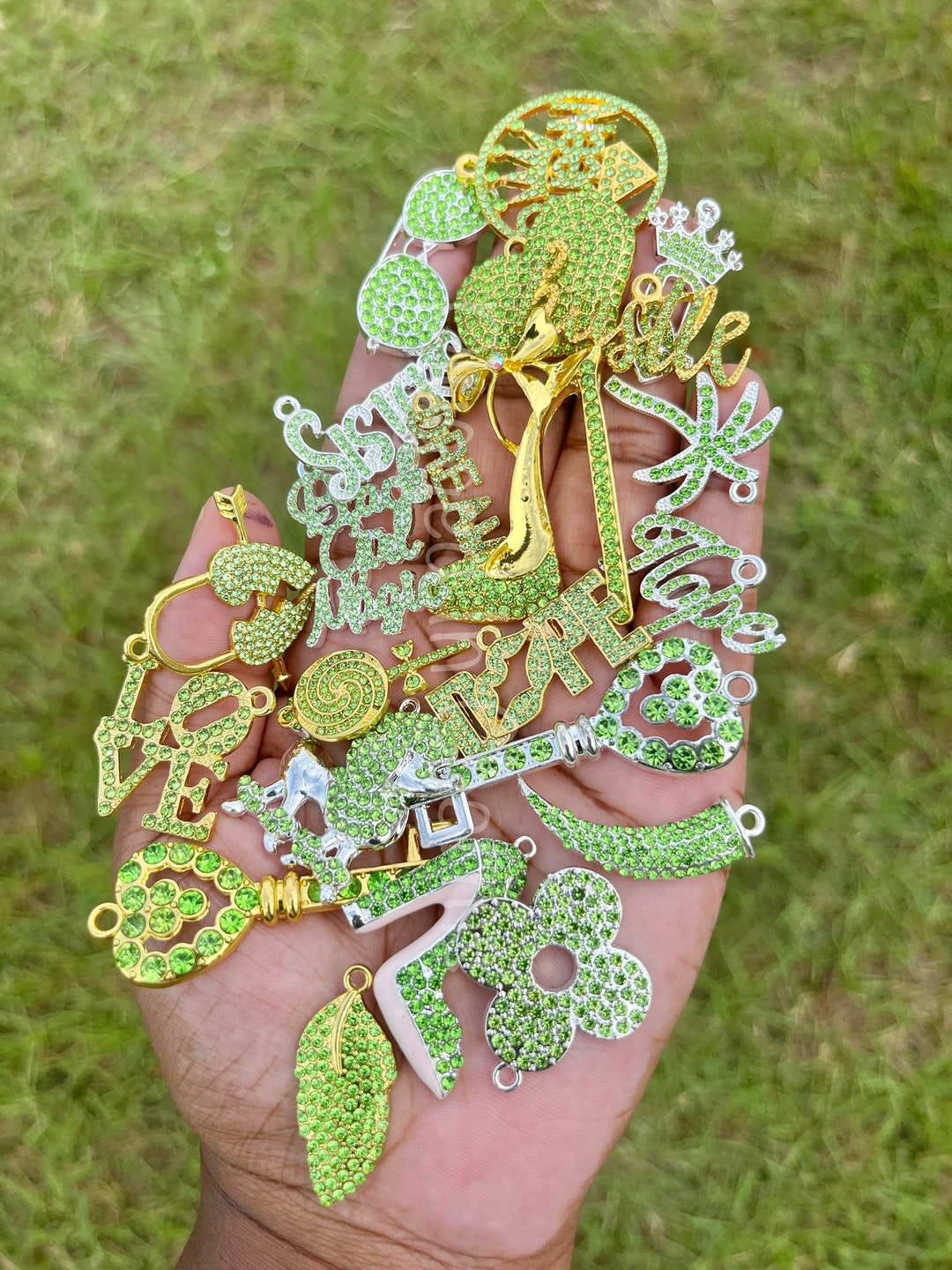 Green Bling Charms - 5,10,20, or 30, Rhinestone Charms, Charm Bracelet ...