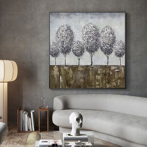 Abstract Silver Trees Oil Painting on Canvas, Large Original Landscape ...