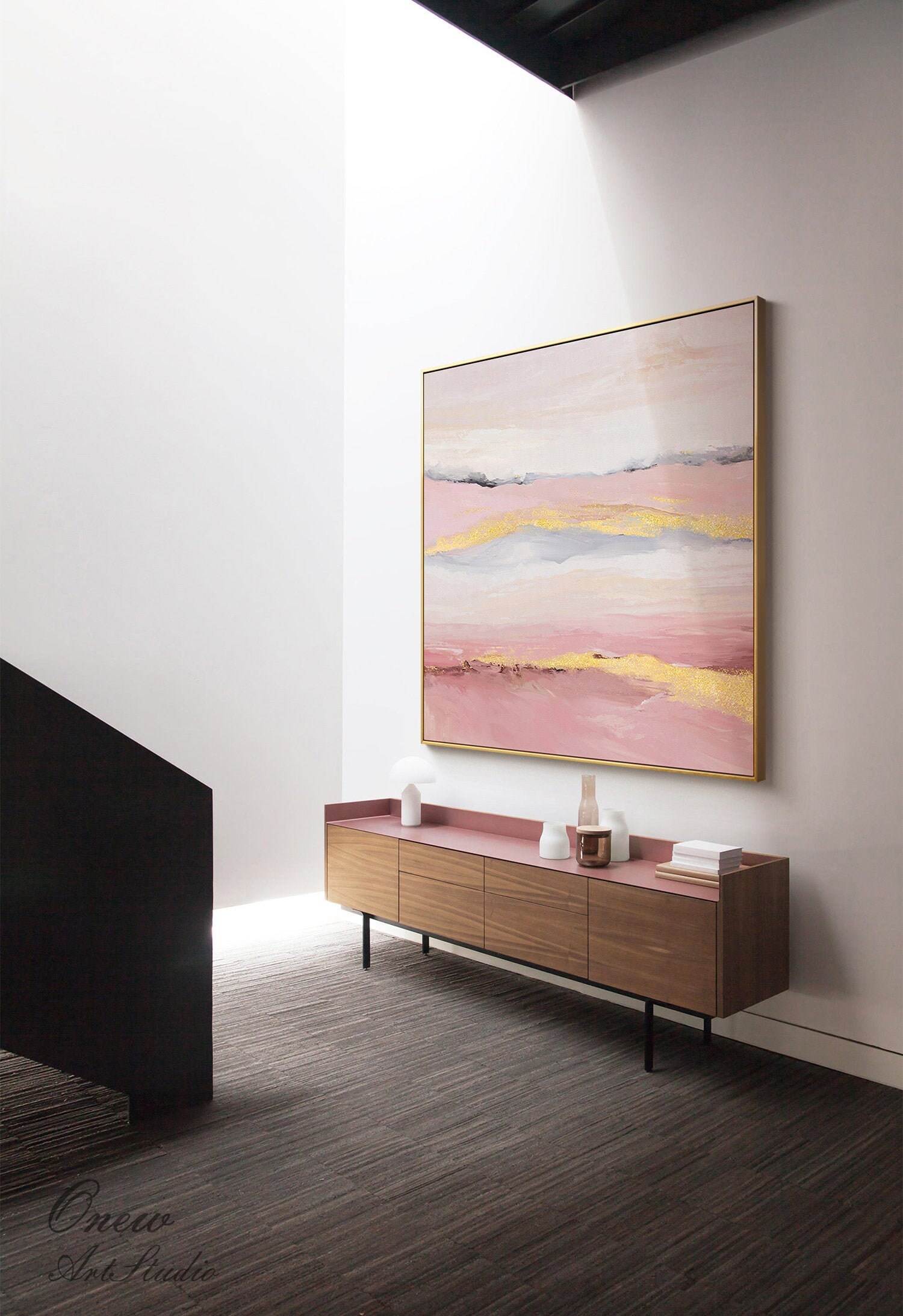 Pink and Gold Abstract Painting Minimalist Canvas Wall Art - Etsy