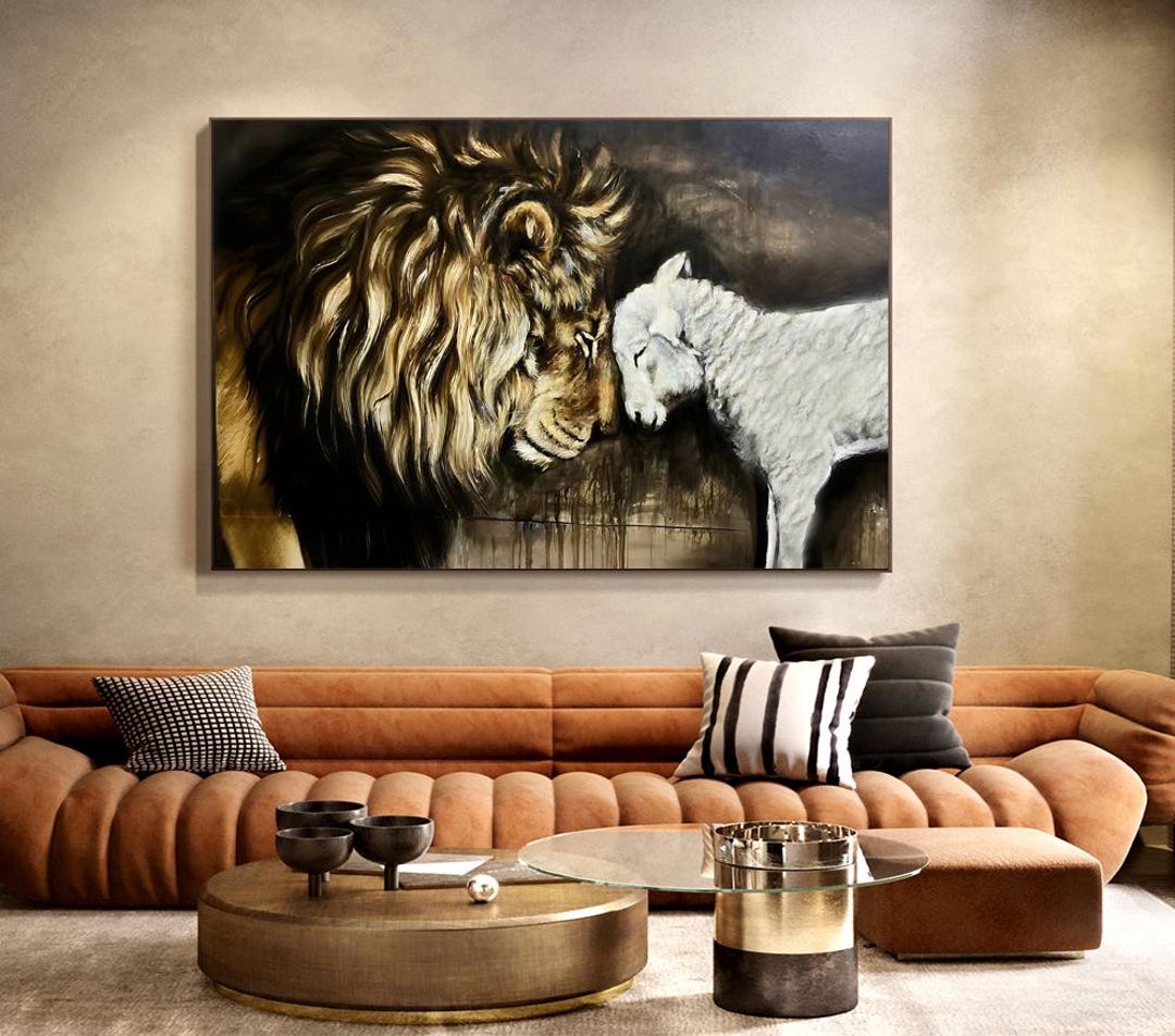 Lion and Lamb Canvas Wall Art, Impressionist Lion and Lamb Oil Painting ...