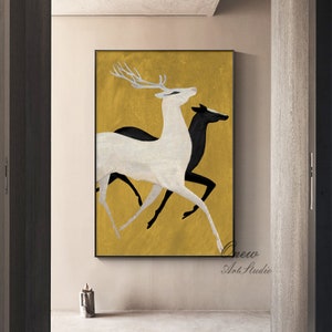 Black and White Abstract Deer Acrylic Painting on Canvas, Large ...