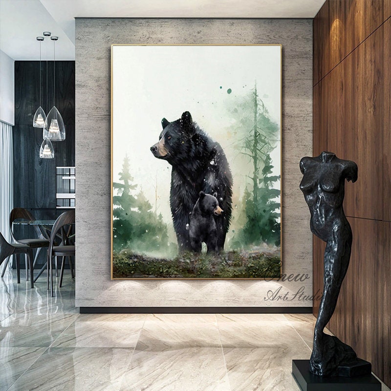 Large Abstract Black Bear and Cub Canvas Wall Art, Original Hand ...