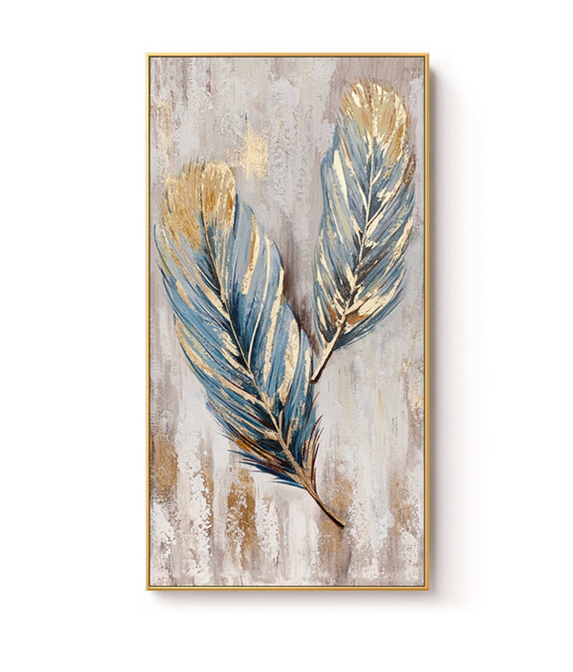 Original Animal Feather Oil Painting on Canvas, Abstract Blue and Gold ...