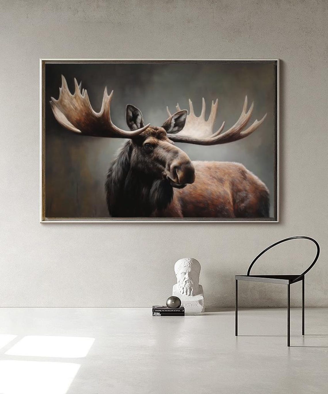 Classical Bull Moose Oil Painting on Canvas, Hand-painted Antlers ...