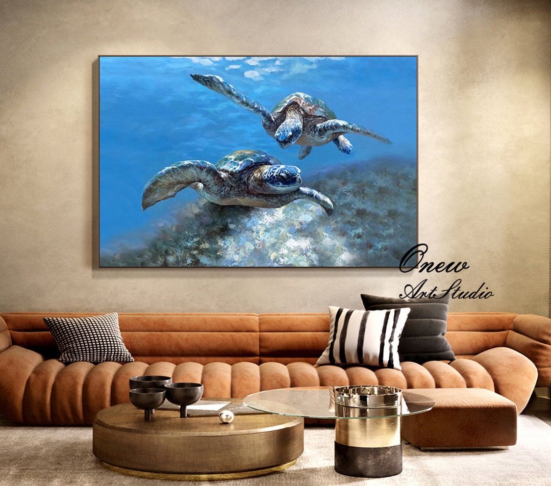 Hand Painted Sea Turtle Oil Painting on Canvas, Large Impressionist ...