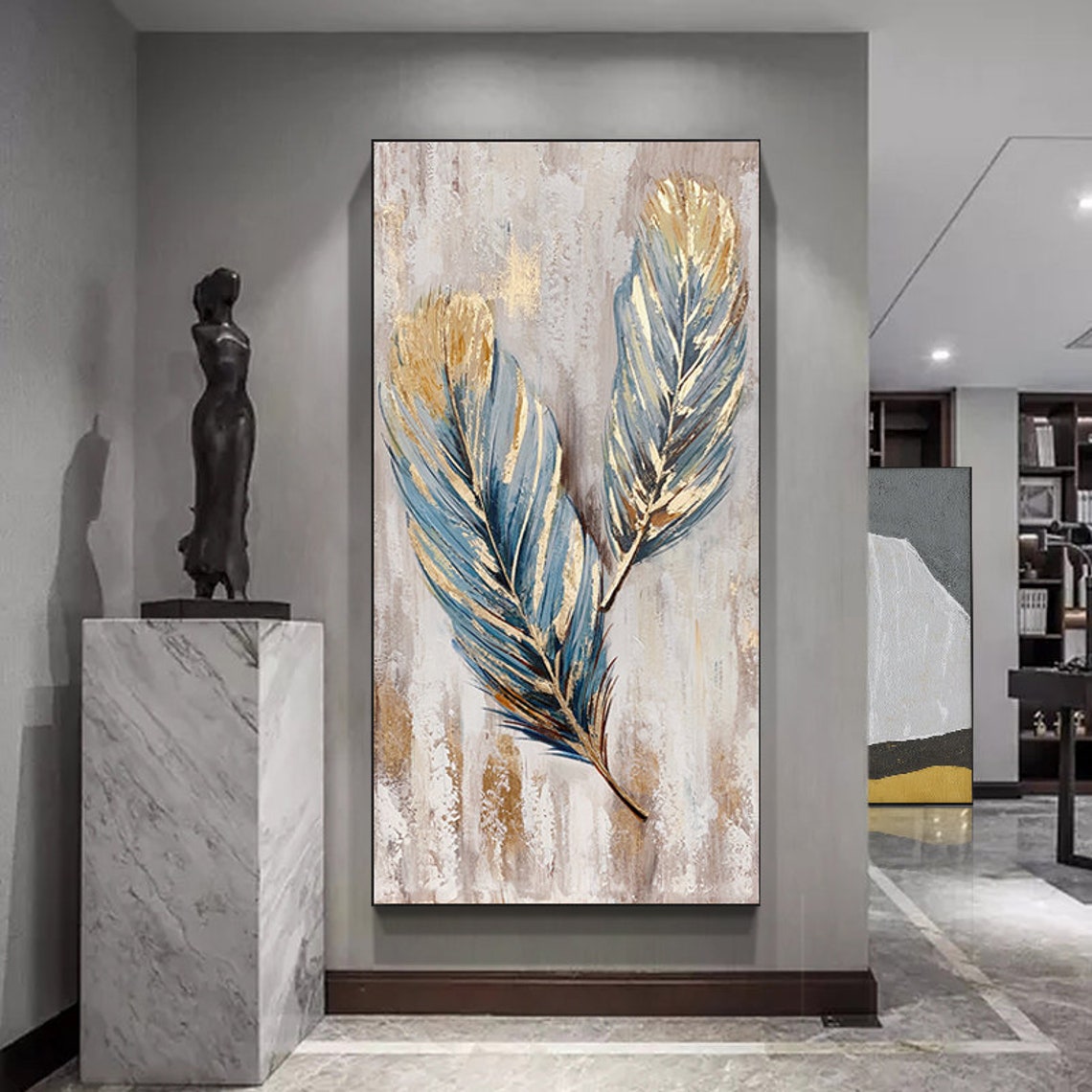 Original Animal Feather Oil Painting on Canvas Abstract Blue - Etsy