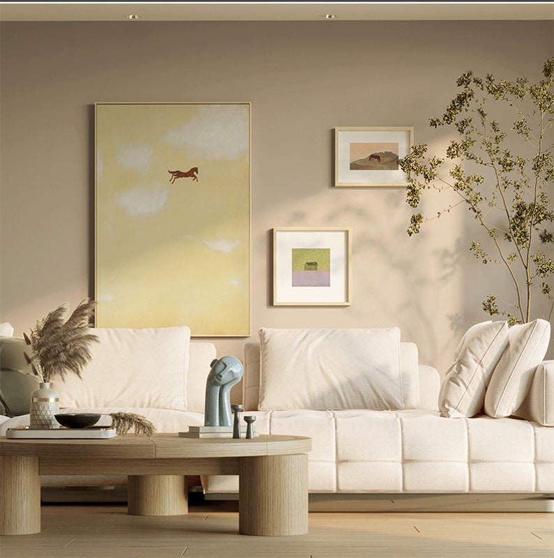 Large Abstract Cream Canvas Wall Art, Original Horse and Clouds Oil ...