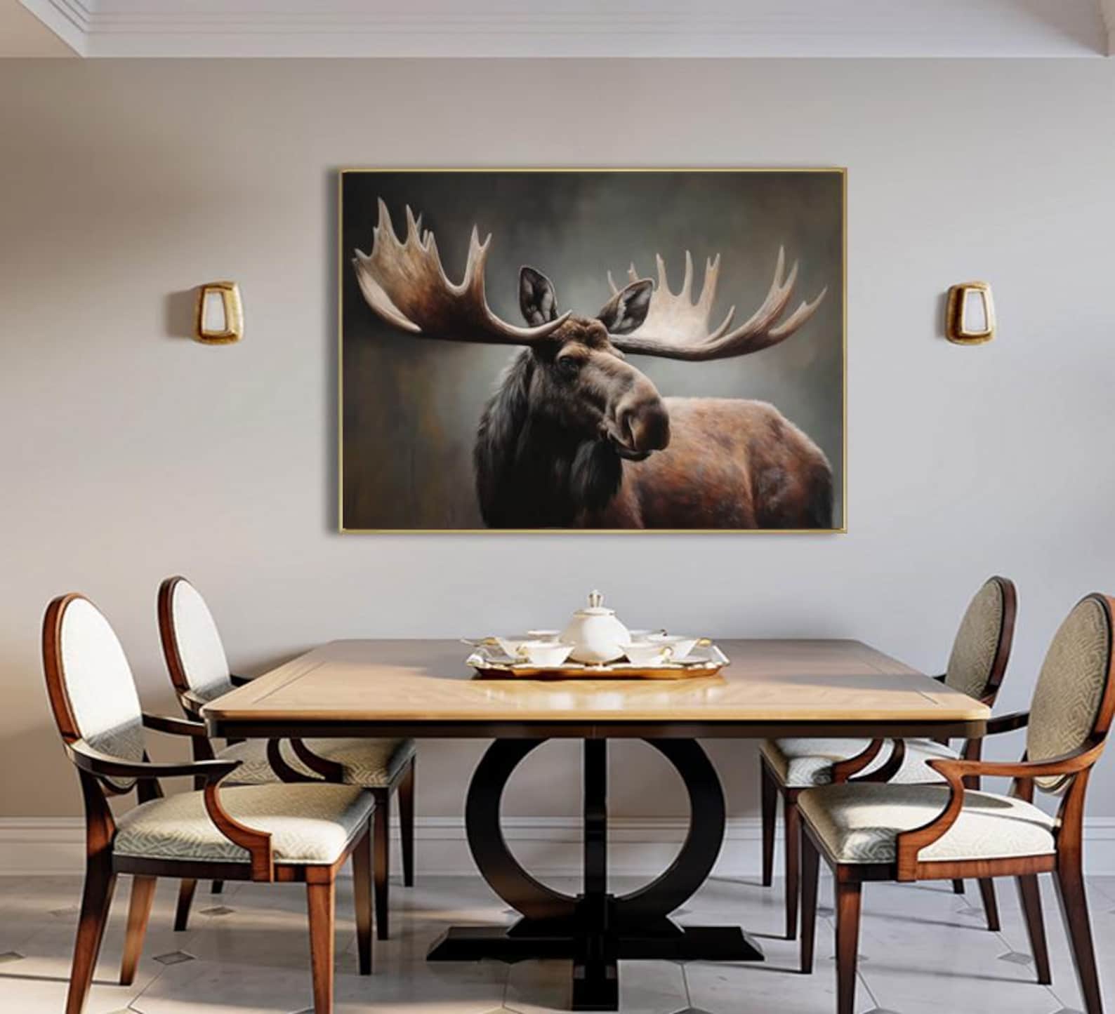 Classical Bull Moose Oil Painting on Canvas, Hand-painted Antlers ...