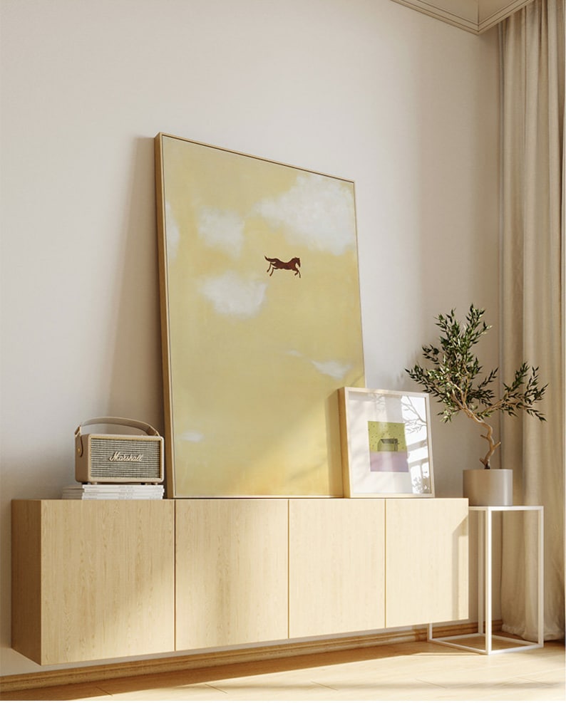 Large Abstract Cream Canvas Wall Art, Original Horse and Clouds Oil ...