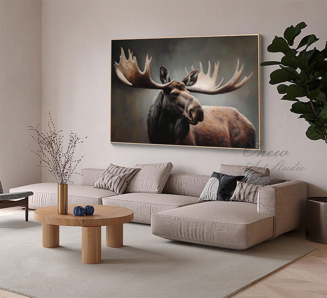 Classical Bull Moose Oil Painting on Canvas, Hand-painted Antlers ...