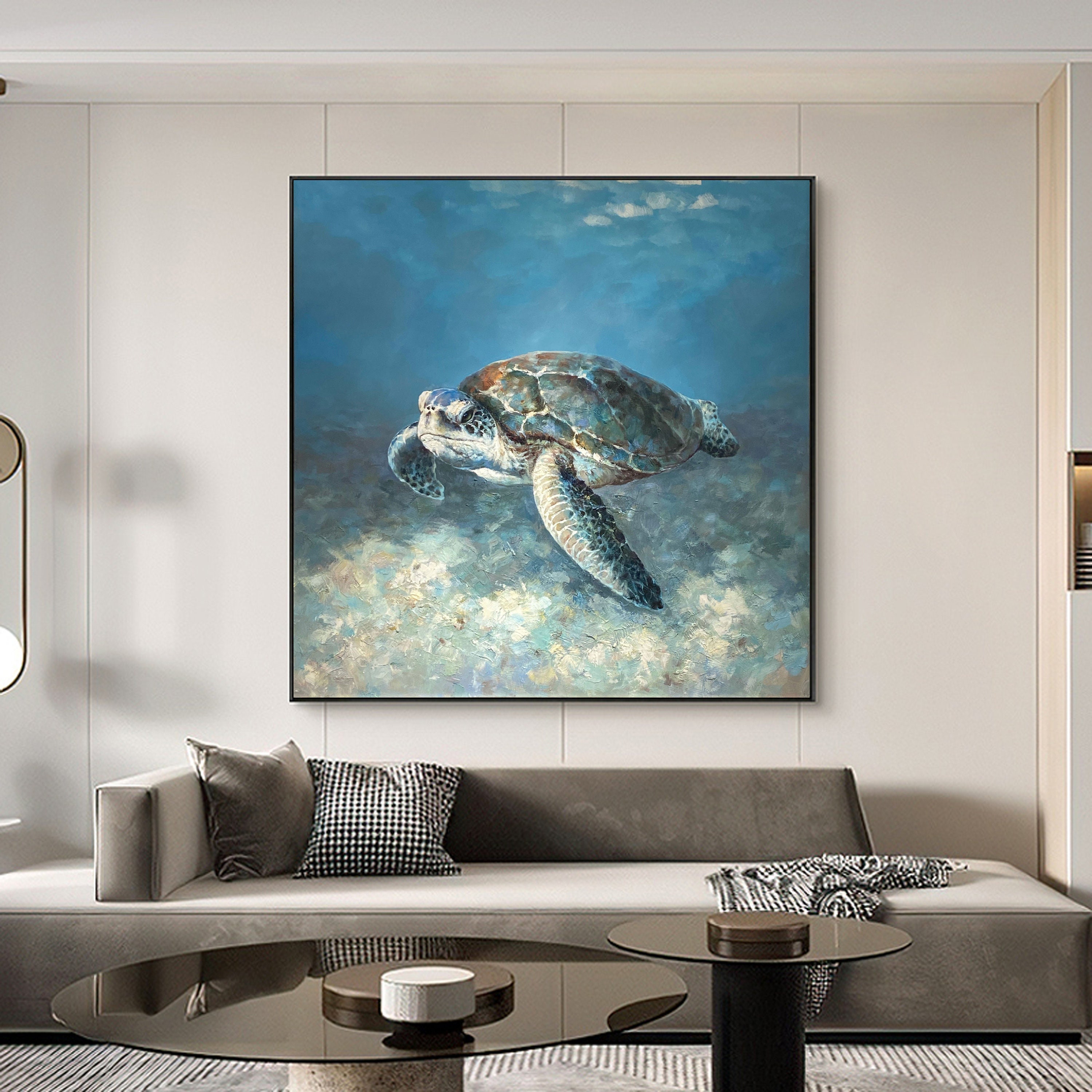 Hand Painted Sea Turtle Oil Painting on Canvas, Large Impressionist ...
