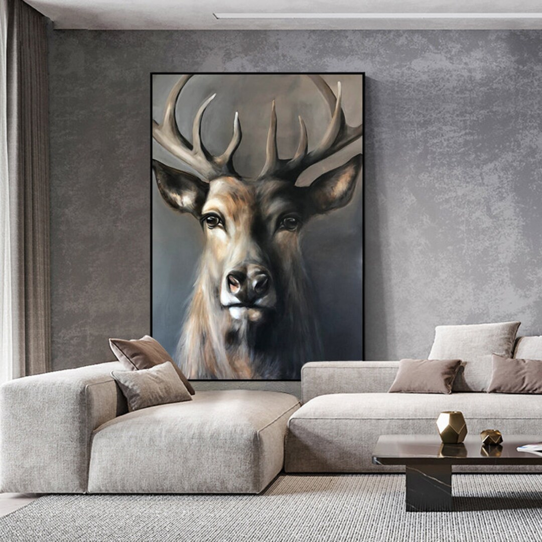 Large Classical Deer Oil Painting on Canvas, Original Hand-painted Stag ...