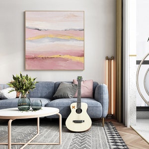 Pink and Gold Abstract Painting, Minimalist Canvas Wall Art, Modern ...