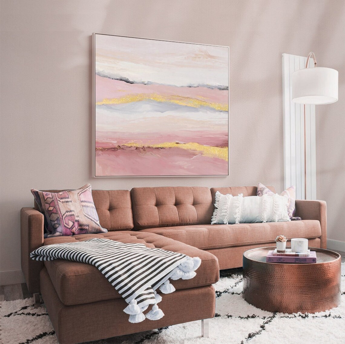 Pink and Gold Abstract Painting Minimalist Canvas Wall Art - Etsy